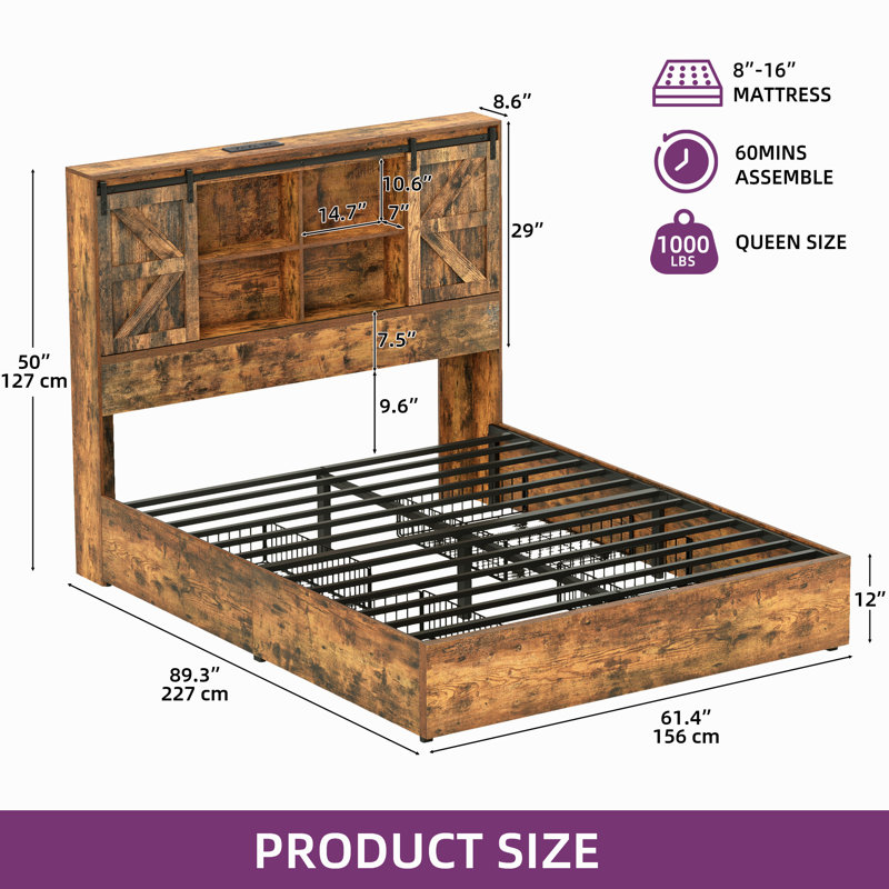 Millwood Pines Farmhouse Bed Frame With Bookcase Headboard, Power Outlets & LED Lights | Wayfair